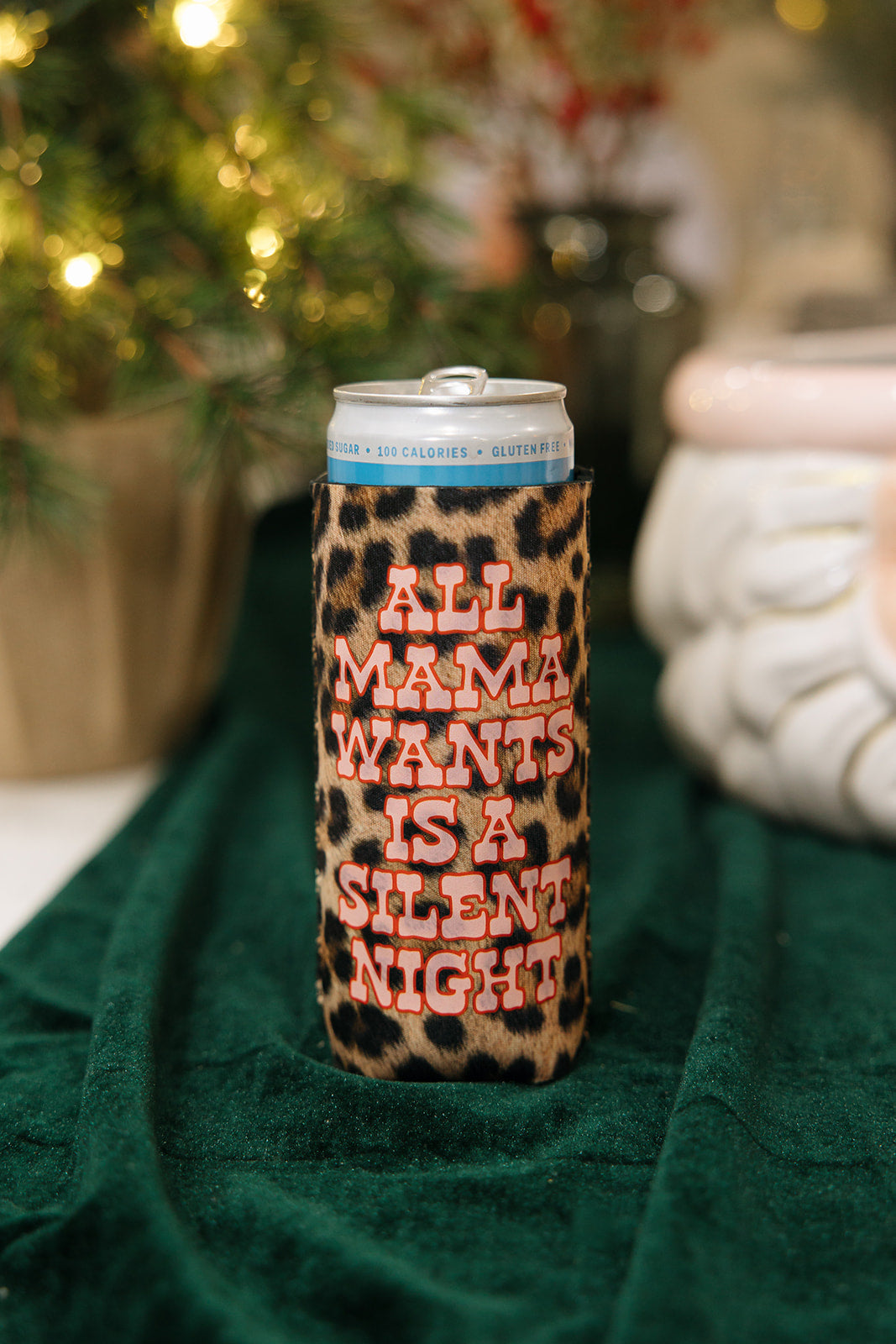 All Mama Wants Is A Silent Night Leopard Slim Can Cooler – Ruby Moon